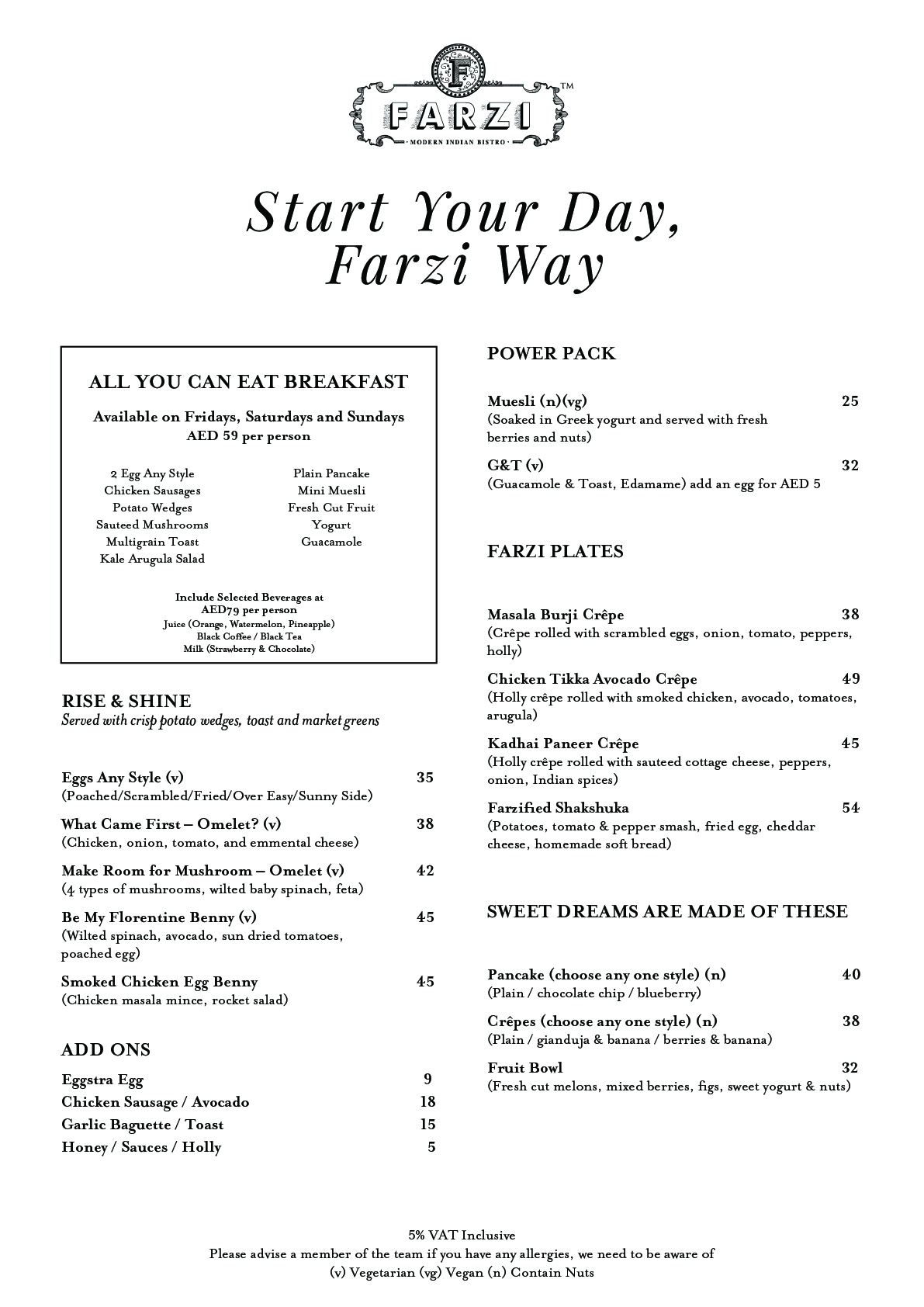 Breakfast Menu Farzi Cafe Dubai